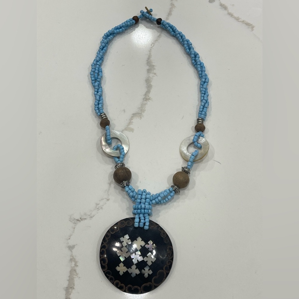 Blue Beaded Coconut Shell & Abalone Necklace - Gem